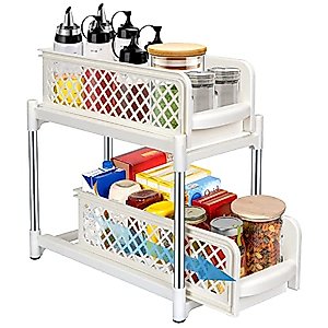 Toplive 2 Tier Spice Rack Lazy Susan Organiser with Sliding Drawer Organiser, Under Sink Organisers and Storage Rack Pull Out Cabinet Basket Organiser for Bathroom Kitchen Bedroom