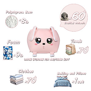 Big Ear Rabbit Toy Organizers and Storage, Cute Bean Bag Chair Pink for Girls Room Decorations, Large Size 22x24 Inch Velvet Extra Soft, Cover ONLY