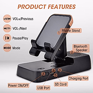 Cell Phone Stand with Bluetooth Speaker, Built-in USB Charging Port and SD Card Slot, HD Surround Sound Bluetooth Speaker with Adjustable Phone Holder for Desk