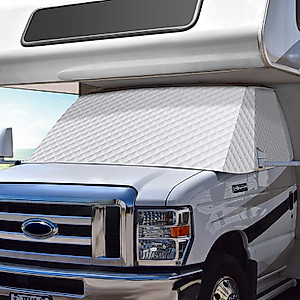 COOLTOP RV Windshield Cover for Class C Ford E450 1997-2020, RV Front Window Cover Motorhome Windshield Sunshade Cover with Mirror Cutouts