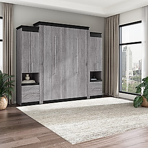 Bestar Orion Queen Murphy Bed with Storage Cabinets and Pull-Out Shelf (106W) in Bark Grey and Graphite, Sleeping Arrangement with Shelves