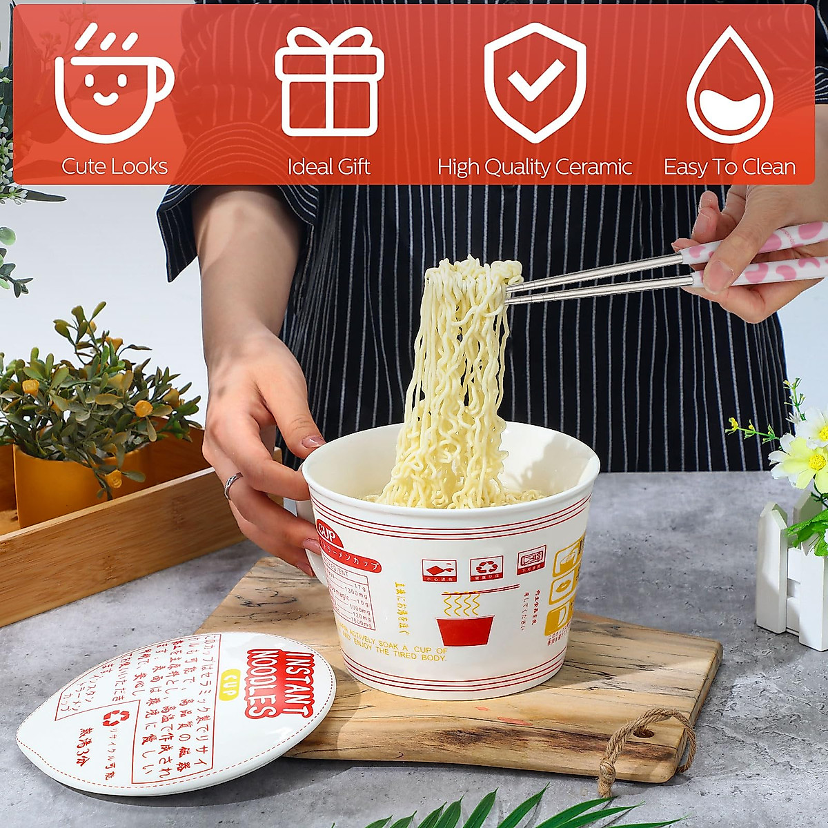 Norme 2 Sets Ramen Bowl Set with Chopsticks 34 oz Instant Ramen Noodle Bowls with Lid Cute Soup Mug Instant Noodles Cup Large Japanese Soup Bowls with Handle for Kitchen