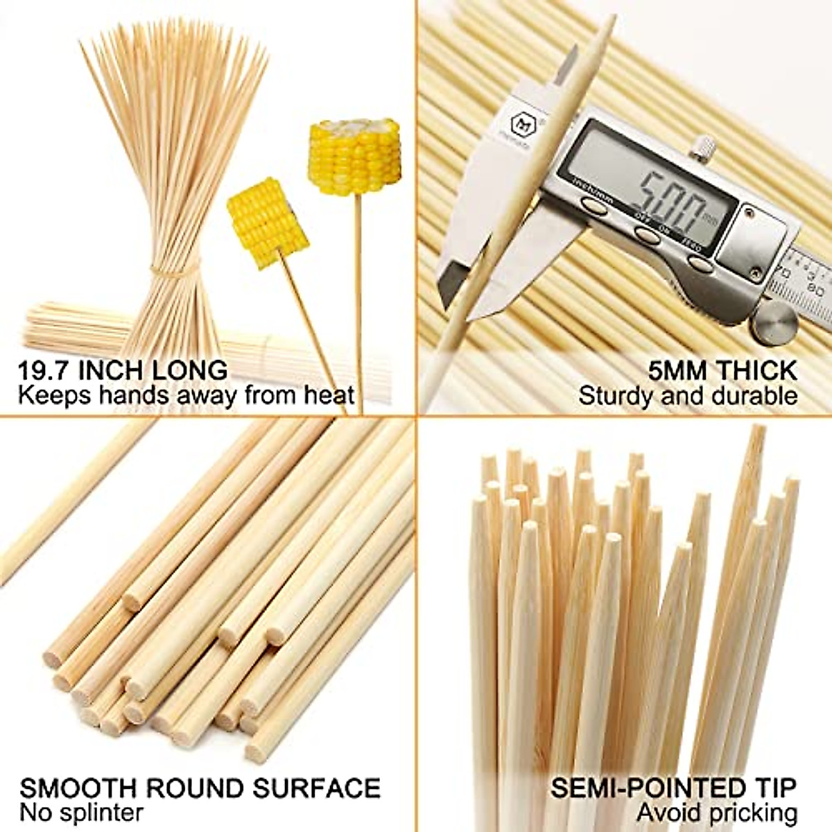 BLUE TOP Bamboo Marshmallow Grilling Sticks Smores Skewers 19.7 Inch 5mm Thick 60 PCS Extra Long Heavy DutyWooden Skewer BBQ Hot Dog Skewer,Great for Camping,Parties,Weddings and Plant Stakes.