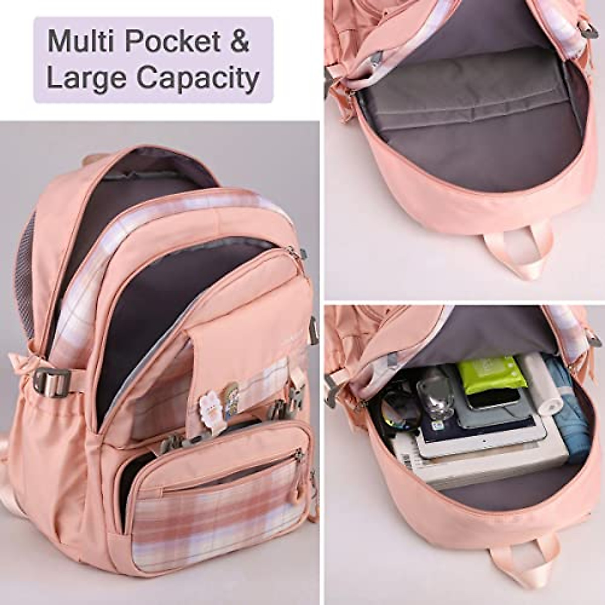 Aesthetic Backpack for School, Cute Girls Preppy Book Bag, Kawaii Large Capacity Middle School Plaid Backpack for Teenagers (Grey)