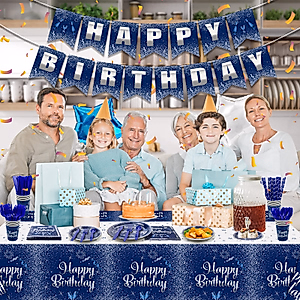 Navy Blue and Silver Birthday Supplies, Blue Birthday Party Decorations for Men, Women, Includes Happy Birthday Banner, Tablecloth, Plates, Napkins, Cups and Straws, Serves 20 Guest