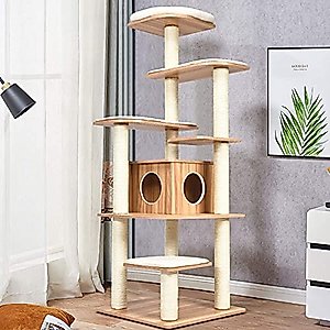 Tangkula Modern Wood Cat Tree, 69-Inch Cat Tower with Multi-Layer Platform, Tall Cat Tree with Sisal Rope Scratching Posts, Cat Condo Furniture w/Washable Plush Cushions for Large Cats Kittens