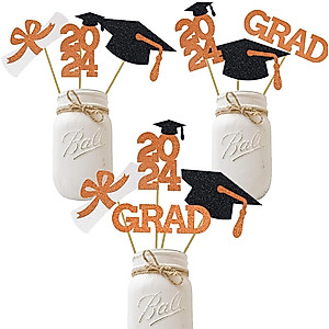 Orange Glitter Graduation Centerpiece Class of Table Signs Grad Sticks Diploma Cap Party Decoration Favors 16 Pieces