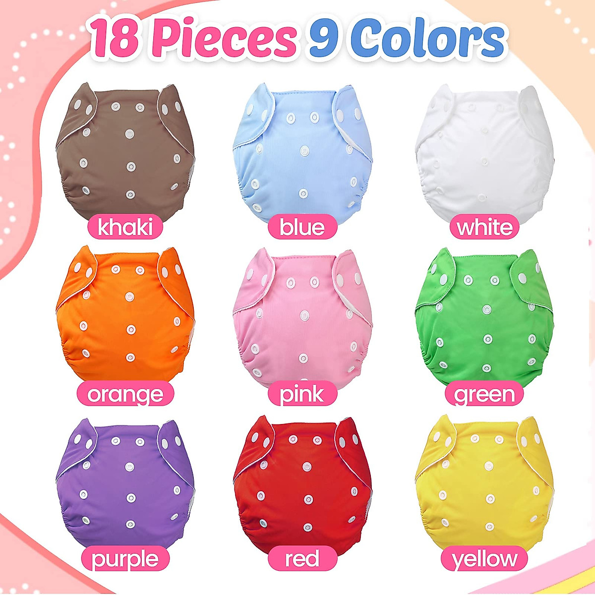 18 Pcs Baby Cloth Diapers Adjustable Reusable One Size Washable Nappy Covers Baby Cloth Pocket for Newborn Toddlers Boys Girls 8-25 Pound (No Inserts)