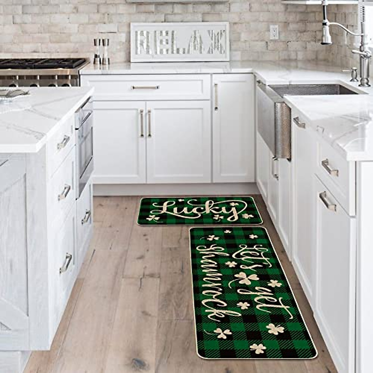 Artoid Mode Green Buffalo Plaid Let's Get Shamrock Lucky Clover Kitchen Mats Set of 2, Seasonal St. Patrick's Day Anniversary Holiday Decorations for Home Kitchen - 17 x 29 Inch and 17x47 Inch
