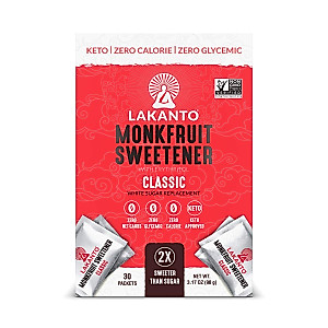Lakanto Classic Monk Fruit Sweetener with Erythritol Packets - White Sugar Replacement, Zero Net Carbs, Zero Calorie, Sweeten on the Go, Coffee, Lemonade, Tea, Desserts - Classic (30 Count)