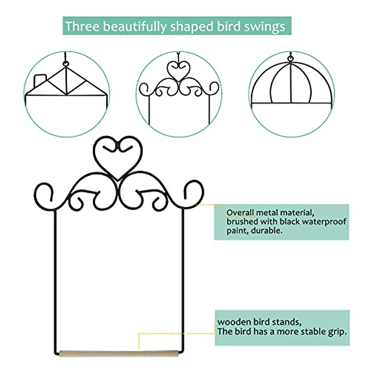 XYADX Metal Frame Hummingbird Swings and Perches with Wooden Dowel Black Bird Swing Outdoor Bird Perch Humming Bird Swing Pack of 3