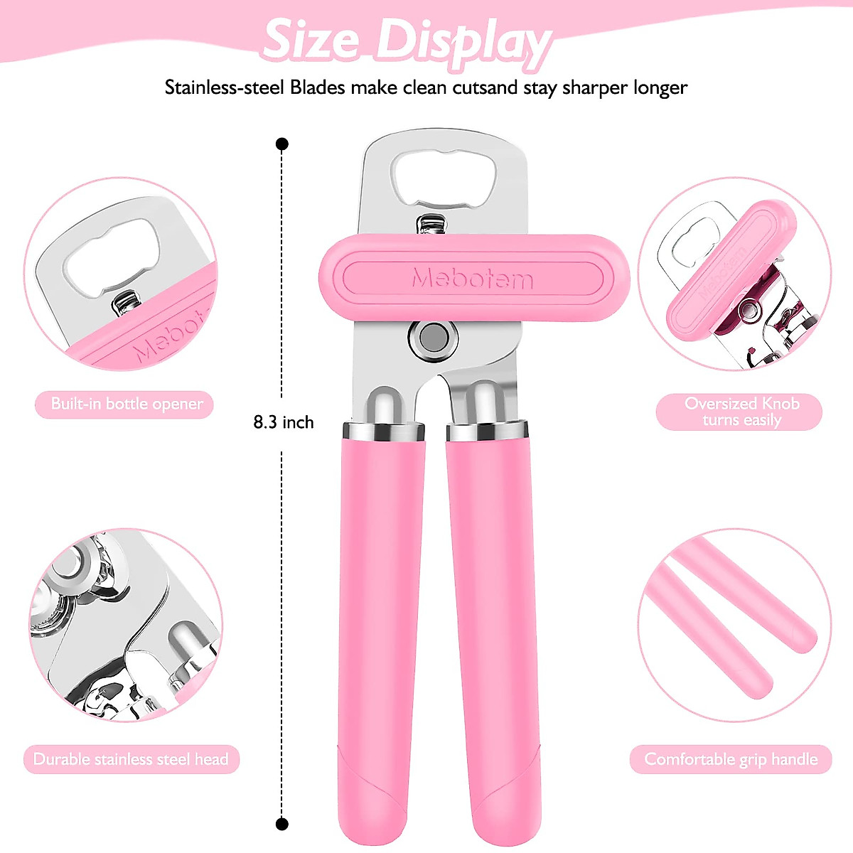 Mebotem 10 Colors Can Opener Manual Handheld Heavy Duty Hand Can Opener Smooth Edge Stainless Steel Can Openers Top Lid Kitchen Gadgets, Best Large Rated Easy Turn Knob, with Bottle Opener, Pink