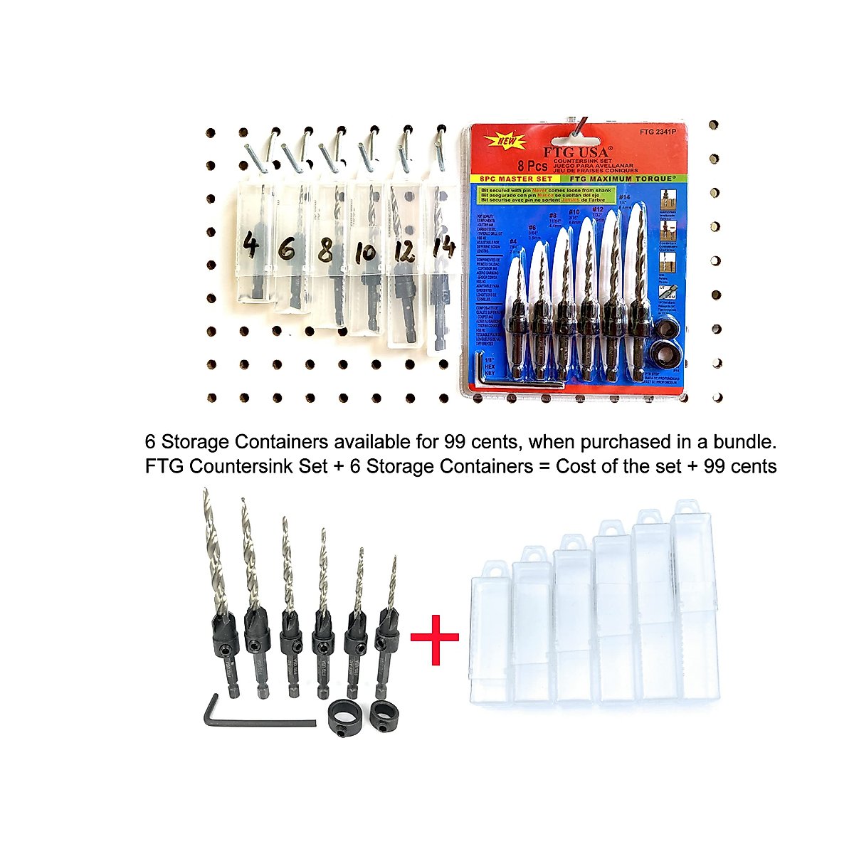 FTG USA Wood Countersink Drill Bit Set 6 Sizes Set with 6 Storage Containers for Countersink HSS M2 Tapered Drill Bits, Quick Change Hex Shank Countersink bit, 2 Stop Collar, 1 Allen Wrench