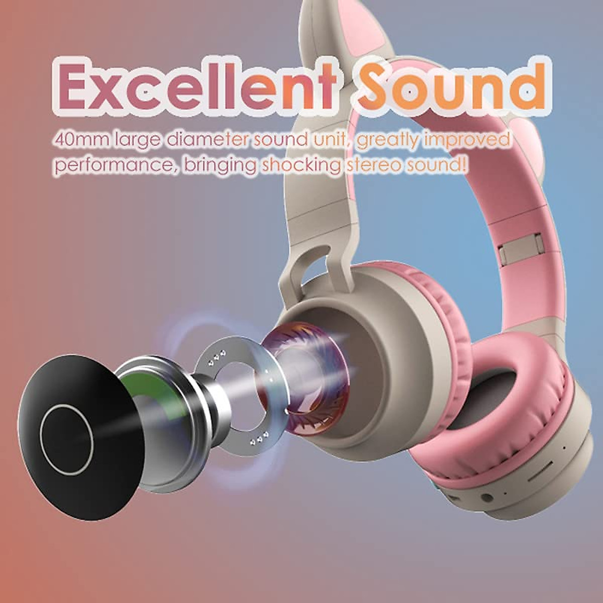 Cat Ear Kids Bluetooth Headphones Wired with Mic for School - Wireless Boy Girls Noise Cancelling Bluetooth Headphones Foldable Children Headsets for iPad Kindle Airplane Travel Tablet (Beige Pink)