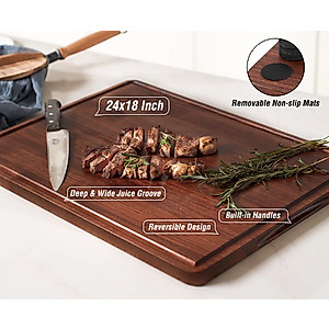 AZRHOM XXL Large Walnut Wood Cutting Board for Kitchen 24x18 (Gift Box) with Juice Groove Handles Non-slip Mats Thick Reversible Butcher Block Chopping Board