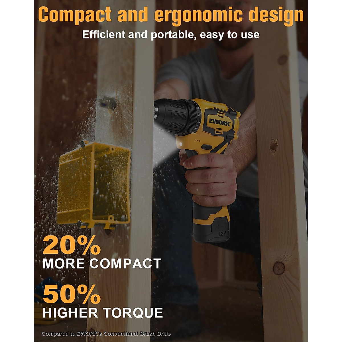 EWORK Compact Cordless Drill and Impact Driver Combo Kit 12V Brushless Small Power Tool Set with (2) 2.0Ah Batteries and Fast Charger, Tool Bag (EKC-12BLA)