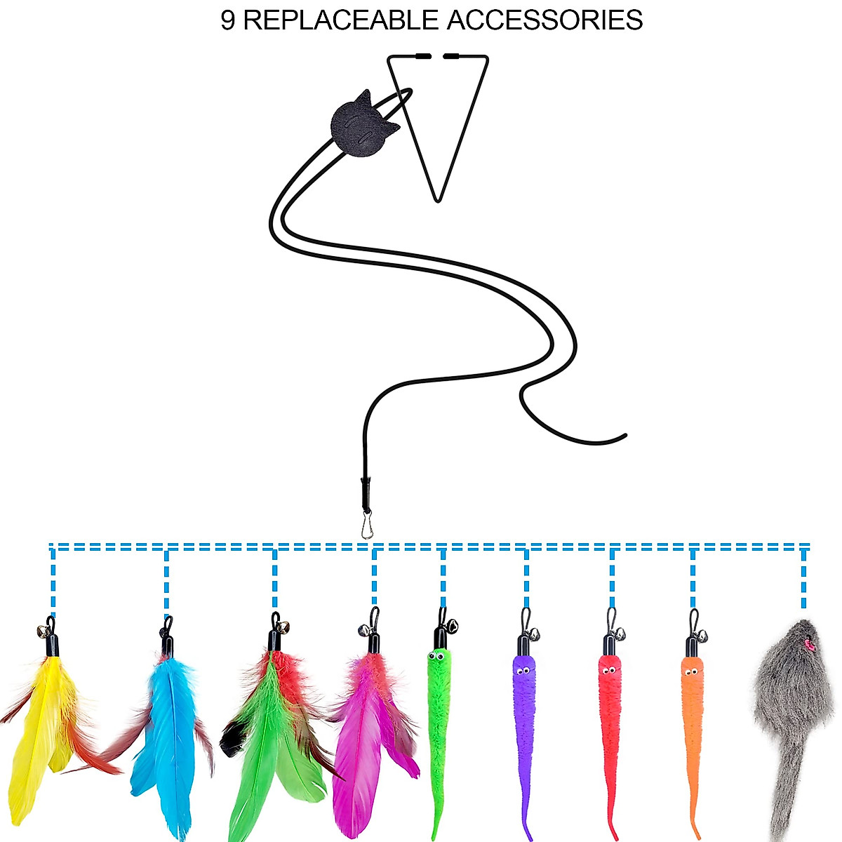 Interactive Cat Toys Set Teaser Feather Wand, Hanging Door Toy & Multiple Attachments - Telescopic Cat Fishing Pole Toy for Kitten