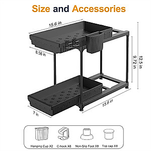 Sevenblue 2 Pack Double Sliding Under Sink Organizers and Storage, 2 Tier Under Bathroom Cabinet Shelf Organizer with Hooks Hanging Cup, Home Organization, Black