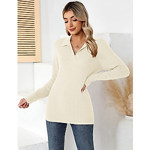 Romanstii Women's Knitted Polo Sweaters Long Sleeve V Neck Collared Shirts Winter Pullover Tops,Beige,L