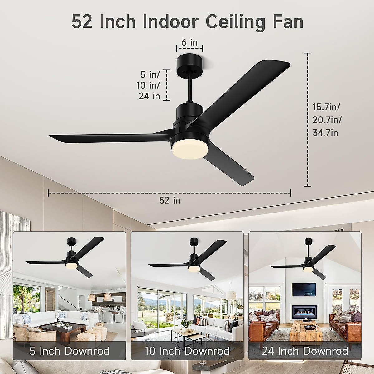 alescu Ceiling Fans with Lights and Remote,52”Black Indoor and Outdoor Ceiling Fan,Modern Ceiling Fans with Reversible DC Motor for Patio Living Room, Bedroom