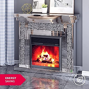 Muzz Mirrored Electronic Fireplace, Freestanding Fireplace Heater with 3D Realistic Flame Effect, Electric Heater with Remote Control for Living Room ( Silver with Crystal), 47.2x12.6x41.7 inches