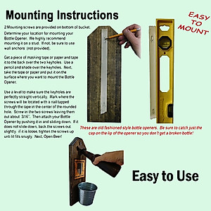 Tops Off, Bottoms Up! Vintage Peekaboo Wall Mounted Bottle Opener and Cap Catcher - Made of 100% - 3/4" thick Solid Pine, Rustic Cast Iron Bottle Opener and Galvanized Bucket - Father's Day Gift