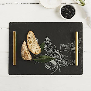 The Just Slate Company Handcrafted Slate Rectangle Serving Tray, Gold Handles, Laser Etched Bee Trio Design, Medium
