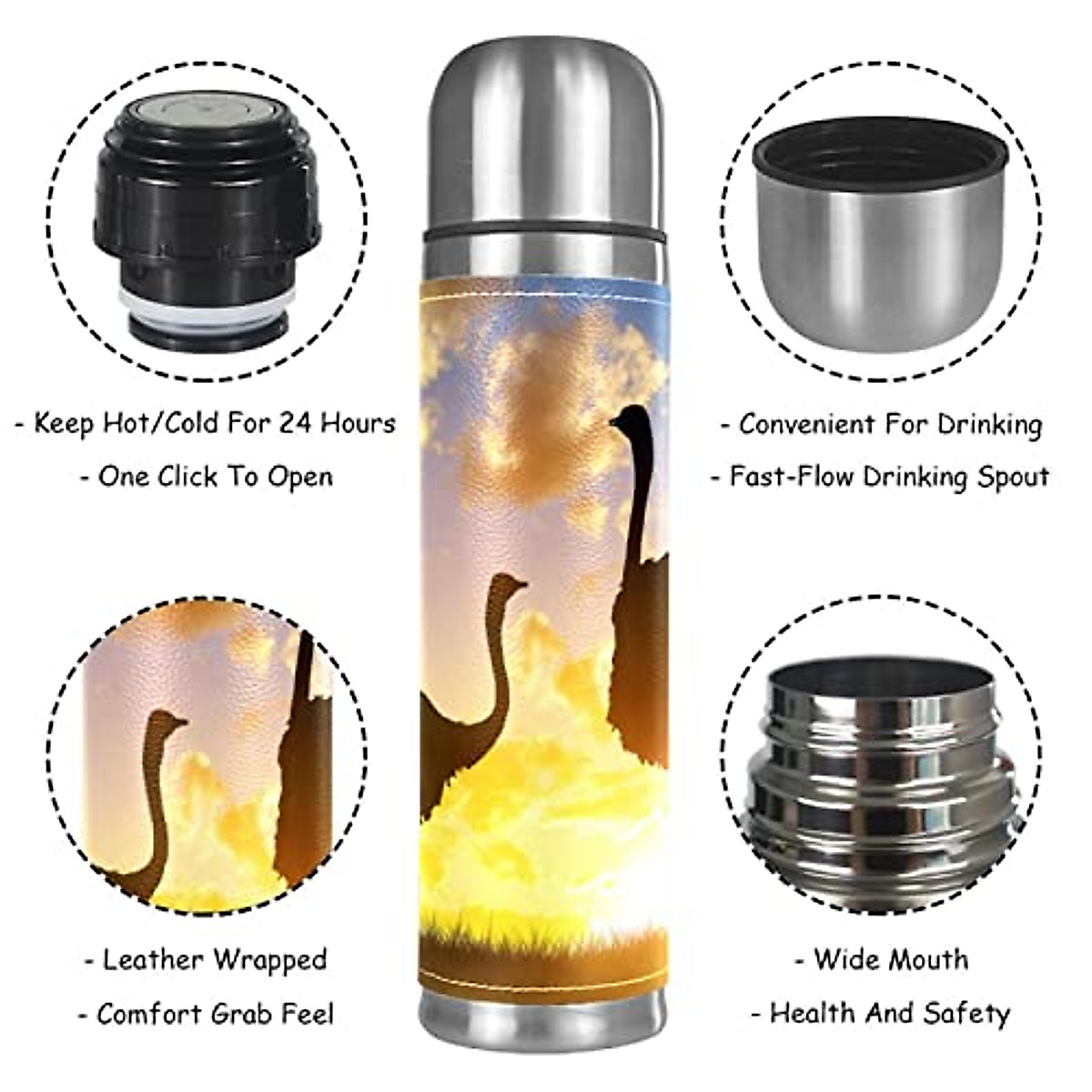 Ostrich African Sunset Vacuum Insulated Water Bottle Stainless Steel Thermos Flask Travel Mug Coffee Cup Double Walled 17 OZ