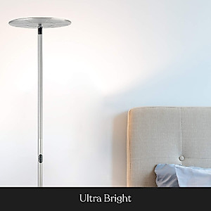 Brightech Sky Flux Dimmable LED Floor Lamp – Super Bright Floor Lamp for Living Room and Offices – Torchiere Standing Lamp with 3 Light Options, Tall Lamp for Bedroom Reading and More - Silver