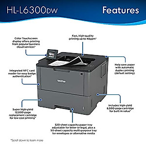 Brother Monochrome Laser Printer, HL-L6300DW, Wireless Networking, Mobile Printing, Duplex Printing, Large Paper Capacity, Cloud Printing, Amazon Dash Replenishment Ready
