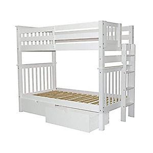 Bedz King Tall Bunk Beds Twin over Twin Mission Style with End Ladder and 2 Under Bed Drawers, White