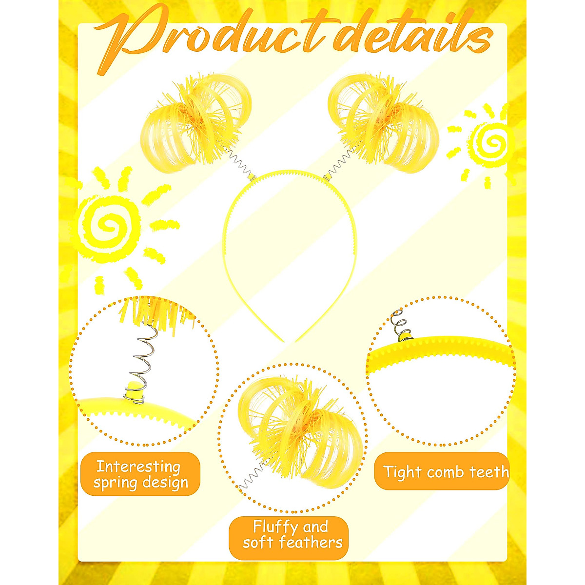 12 Pcs Tinsel Wrapped Ponytails Headband with Heart Shape Sunglasses Costume Party Faux Feather Headwear Bopper for Festival(Yellow)