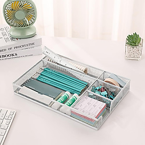 YFEEN Office Desk Drawer Organizer Tray, 5 Grid Mesh Utensil Drawer Organizer for Kitchen Drawer Silverware Tray& 1 piece of Plastic Drawer Organizer Kitchen Drawer Multi-use Storage Box,White