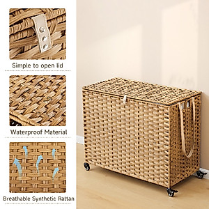 Laundry Hamper with Wheels, 52.8 Gallon(200L) Rolling Laundry Basket with Lid, 3-Section Rattan Clothes Hamper with 3 Removable Liner & 3 Mesh Laundry Bags, Laundry Sorter with Side Pocket, Natural