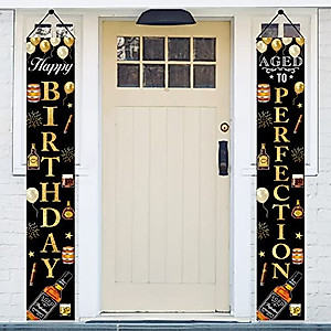 Whiskey Happy Birthday Door Banner Decorations for Men, Black Gold Whiskey Themed Happy Birthday & Aged to Perfection Party Sign Supplies, Cheer and Beer Themed Happy Birthday Photo Booth Props Decor for Indoor Outdoor