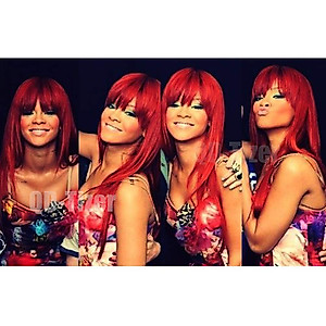 QD-Tizer Red Color Long Silky Straight Wigs with Bangs Synthetic No Lace Wig for Fashion Women Heat Resistant Natural Looking Hair Wig for Party Cosplay