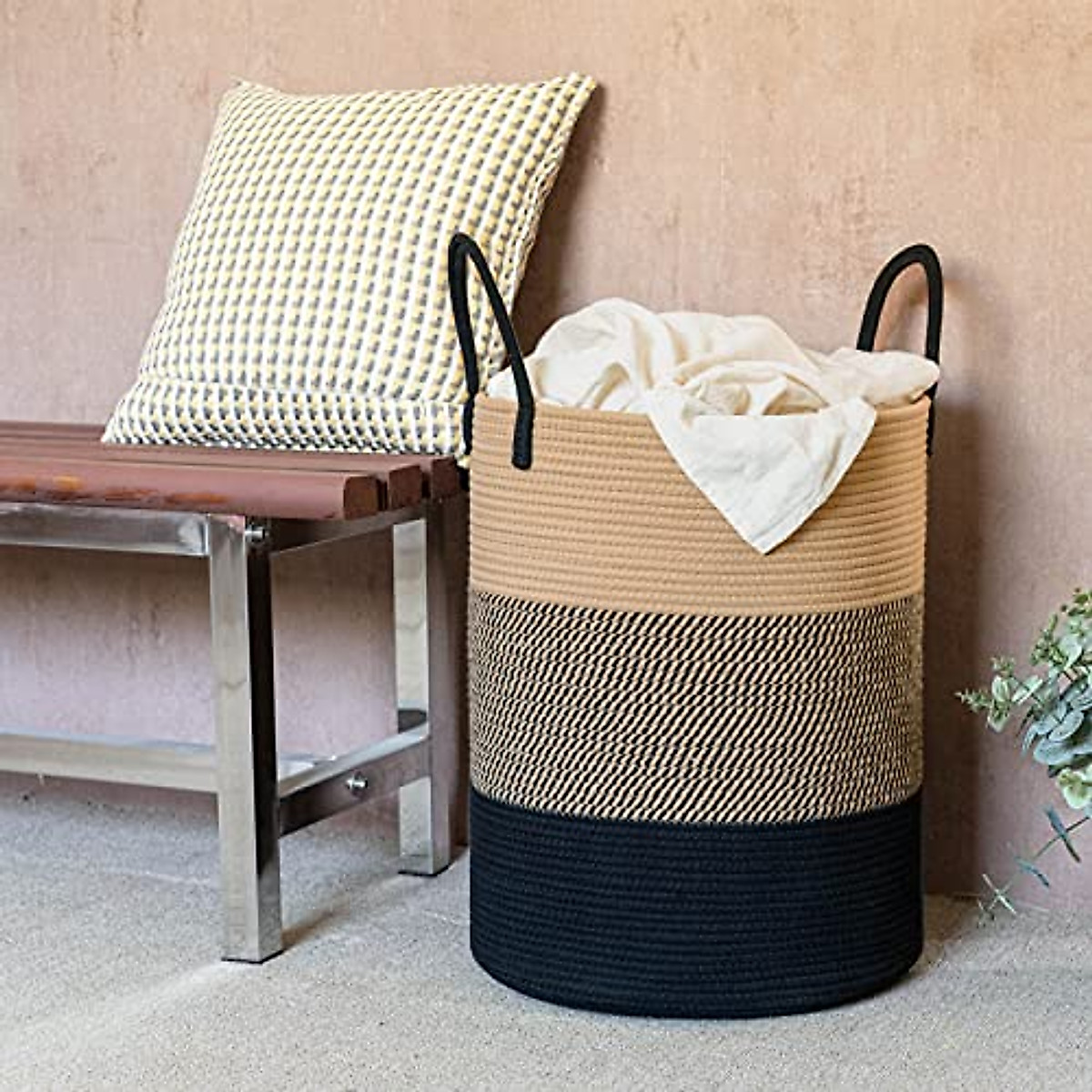 CHICVITA Woven Laundry Basket Large Dirty Clothes Hampers for Laundry Tall Wicker Jute Basket for Blankets, Toys in Living Room, Bathroom, Decorative Towel Storage Basket for Organizing, 58L, Black