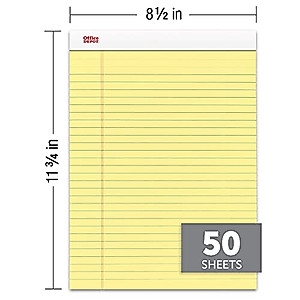 Office Depot(R) Perforated Writing Pads, 8 1/2" x 11 3/4", Legal Ruled, Canary, Pack Of 12