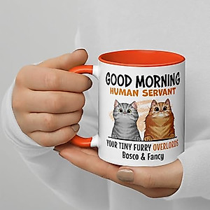Funny Cat Mug Personalized - Up to 3 Cats - 75 Cat Breed and Color Choices - Good Morning Human Servant - Customized Cat Mom Mug, Cat Dad Custom Mugs for Cat Lovers - 8 Coffee Cup Colors (2 Cats)