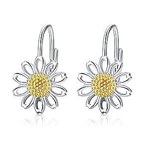 Daisy Leverback Earrings 925 Sterling Silver Flower Earrings Daisy Flower Hoop Earrings Daisy Flower Jewelry for Women