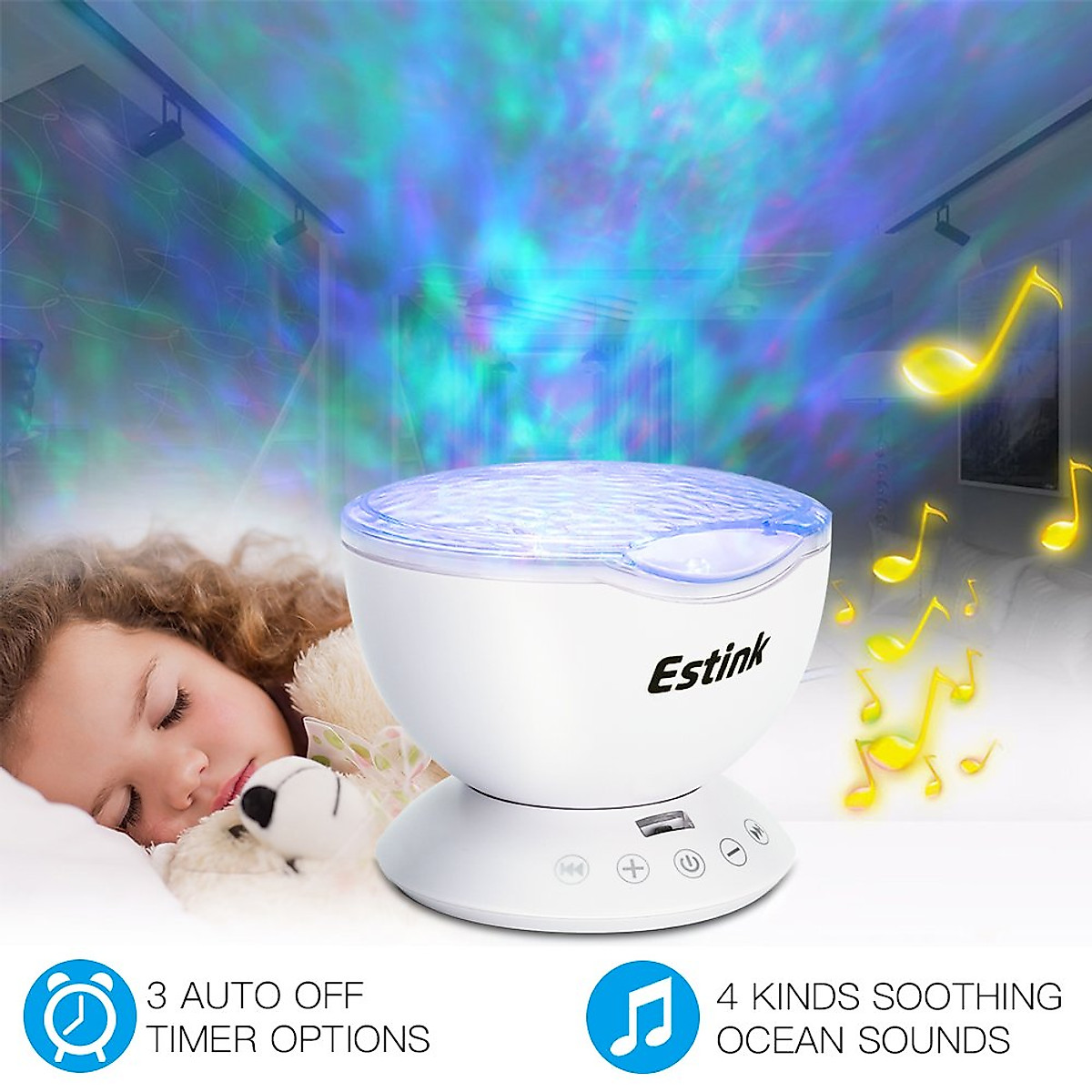 Ocean Wave Night Light Projector, Baby Lullaby Night Light with 7 Relax Light Show Projection, Music Player, Auto-Off Timer for Nap-time for Baby Nursery, Adults and Kids Bedroom, Living Room (White)