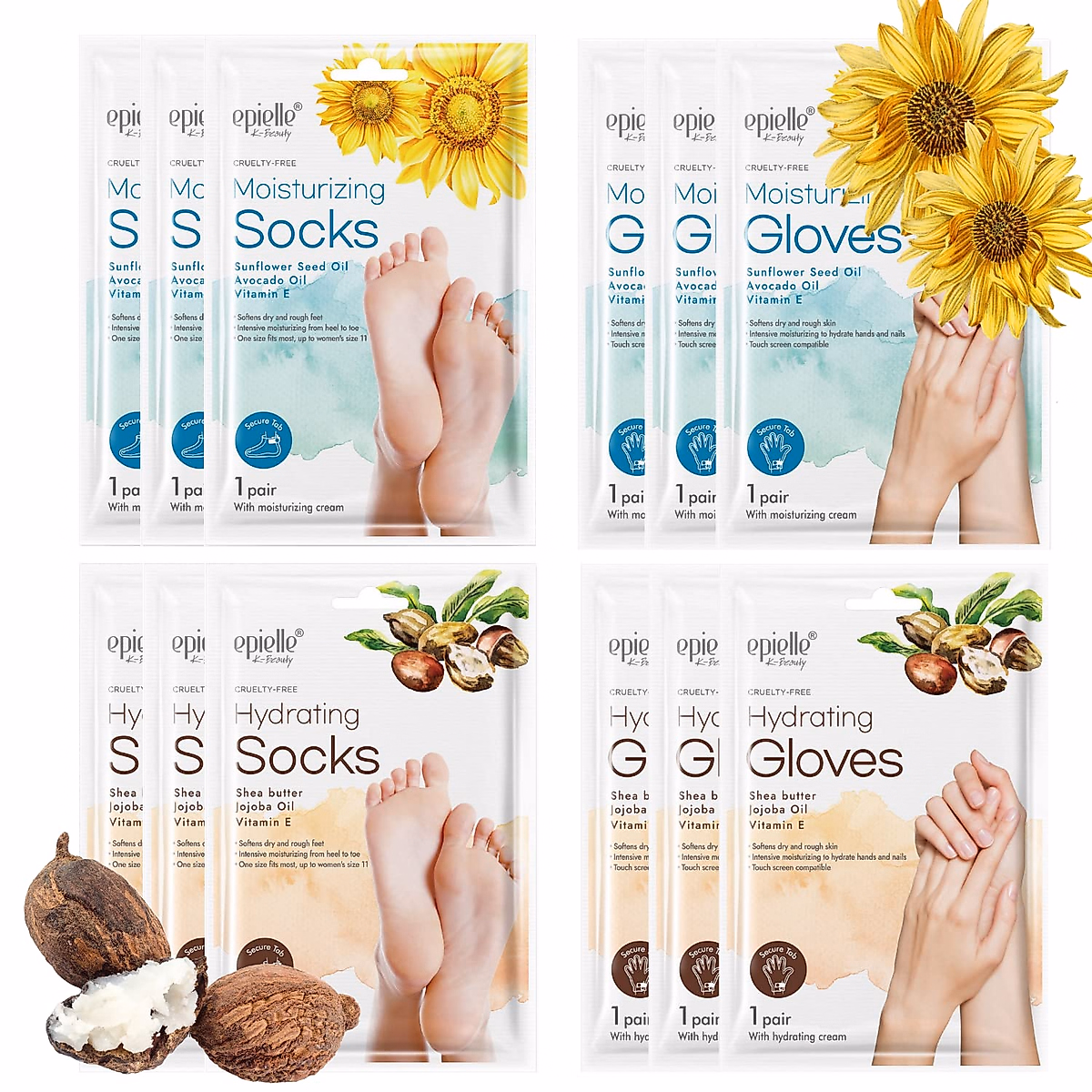 NEW Epielle Hydrating & Moisturizing Gloves & Socks Masks Combo 12pk for Hand and Foot STOCKING STUFFERS!!