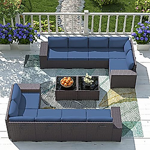 ASJMR Outdoor Patio Furniture Set, 12 Pieces Outdoor Sectional Furniture High Backrest Patio Set, All-Weather PE Rattan Patio Conversation Set w/Coffee Tables & Cushions(Dark Blue)