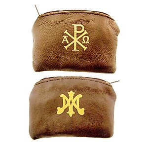 WJ Hirten Ava Maria and Chi Rho Cross Sheepskin Leather Rosary Case with Velvet Lining, Brown, 3 1/4 Inch