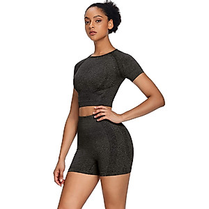 Sytiz Women Seamless Yoga Outfits 2 piece Set Workout Gym Shorts + Sport Bra (Black, Medium)