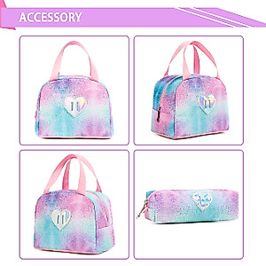 JSMNIAI Unicorn Rolling Backpack for Girls Backpack with Wheels Kids Trolley School Bags Trip Luggage with Lunch Box for Elementary Girls Travel Purple Suitcase