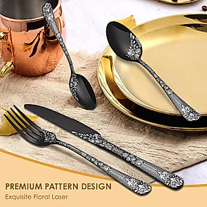 EUIRIO 36-Piece Black Silverware Set with Steak Knives, Black Flatware Set for 6, Stainless Steel Mirror Cutlery Set, Spoons Forks Knives Set with Unique Floral Laser, Eating Utensils, Dishwasher Safe