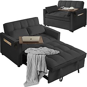 SPOWAY 3 in 1 Sleeper Sofa Couch Bed, Modern Velvet Convertible Sofa Bed with Adjustable Backrest & 2 Pillows, Hidden Side Table, Pull-Out Sofa Bed for Living Room Bedroom, Black