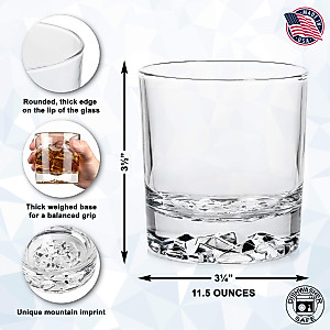 Whiskey Glasses Set of 4 with Brilliant Mountain Imprint | Bar Glasses | Old Fashioned Tumblers | Lowball Glasses | Rocks Glasses | Standard 11.5 OZ Beverage Glass