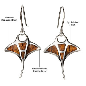 925 Sterling Silver Hawaiian Manta Ray Opal Koa Wood Larimar Gemstone Dangle Hook Earrings, Nickle Free Hypoallergenic for Sensitive Skin, Gift Box Included (Koa Wood)